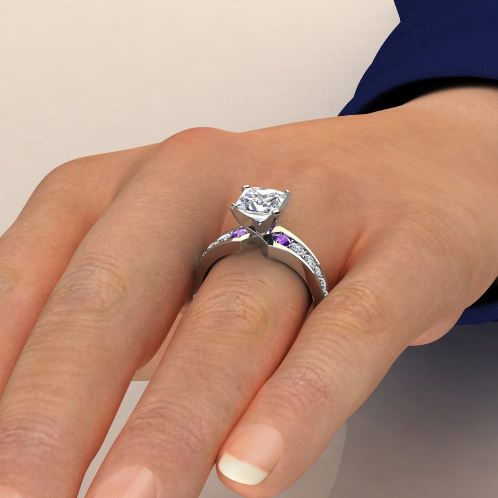 Graduated Pave Princess Cut Engagement Ring With Amethysts - PureGemsJewels
